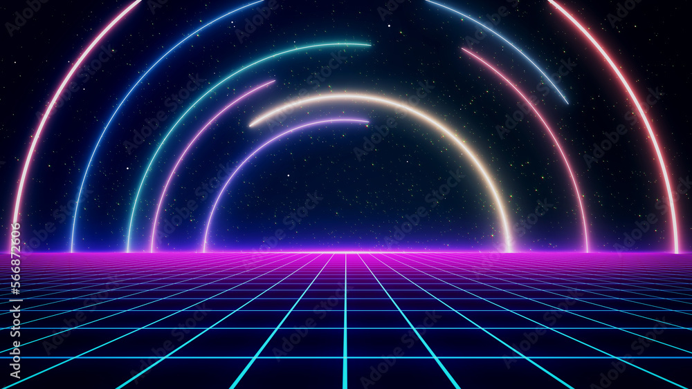 Retro style 80s-90s neon background. Futuristic Grid landscape. Digital ...