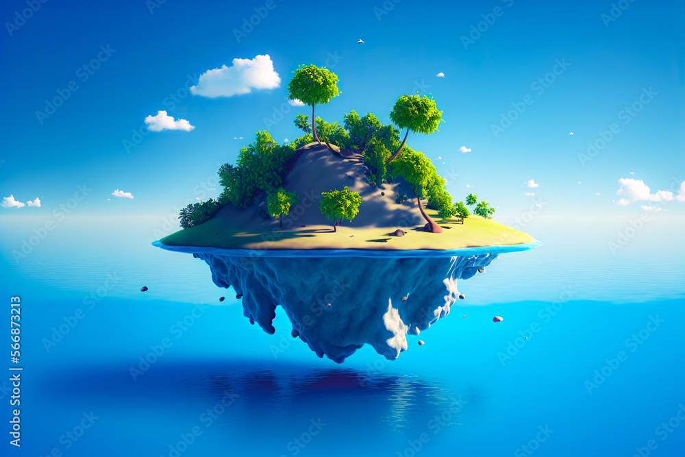 Floating tropical island of small exotic uninhabited island with lush ...