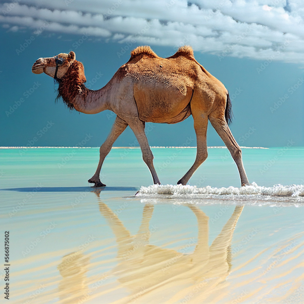 Bactrian camel walks on clear transparent blue water on Red Sea by an ...