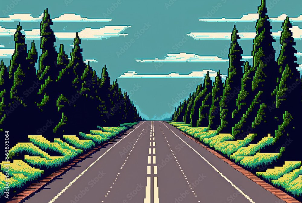 Road with beautiful nature around country side road trip pixel art ...