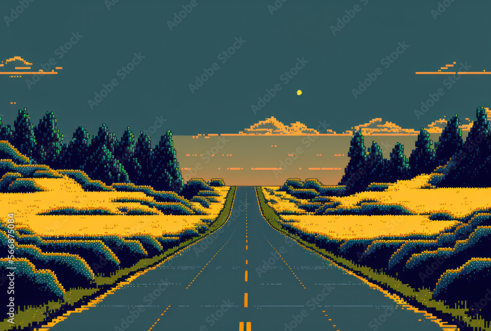 Road with beautiful nature around country side road trip pixel art ...