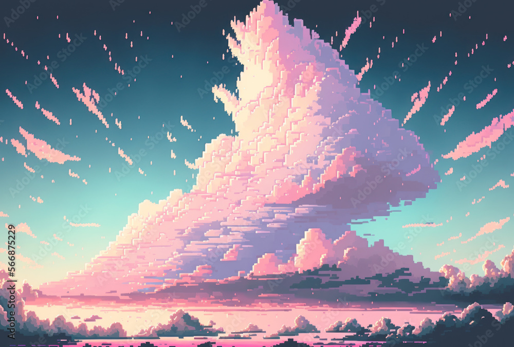 Pastel sweet blue pink sky pixel art style. background with copy space ...
