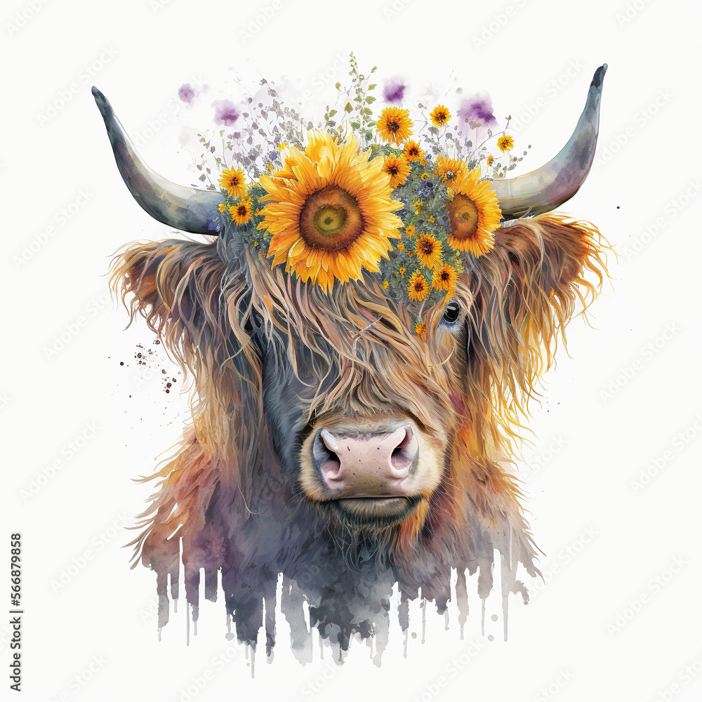 Fototapeta Many Various Sunflowers, Highland Cow Face -Generative AI na ... Fototapeta Many Various Sunflowers, Highland Cow Face -Generative AI na ...