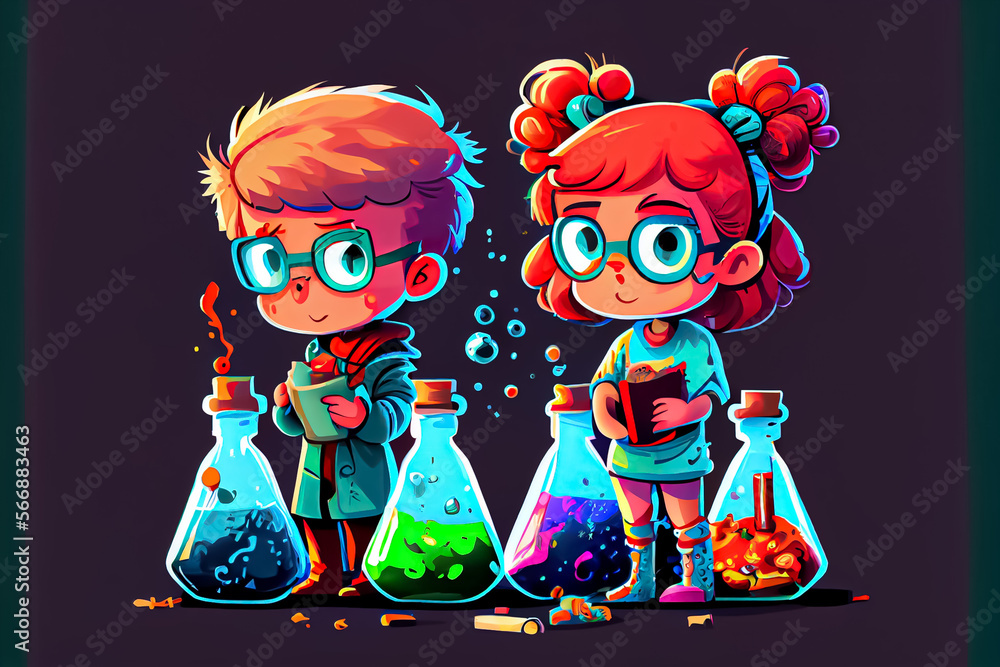 cartoon kids science experimenting chemicals National Science Day Stock ...