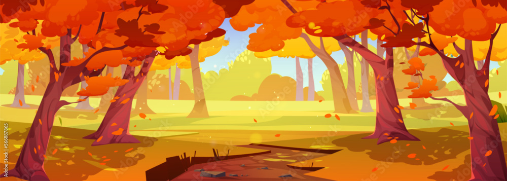 Sunny autumn forest, park nature landscape. Cartoon fall wood ...