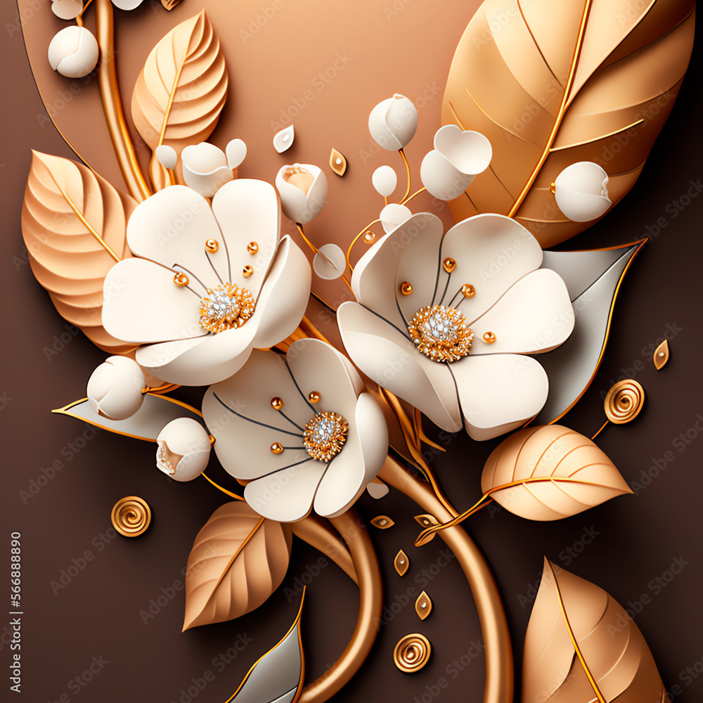 3d Wallpaper Flowers With Stems And Leaves On A Golden Background Stock