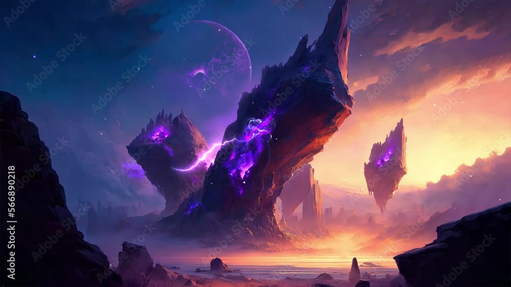 Fantasy shattered purple landscape with floating land, concept art ...