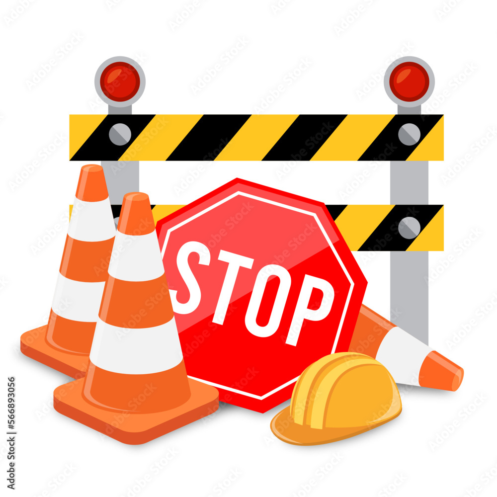 Traffic cones and red stop sign. Road safety and prevention of ...