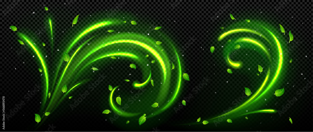 Set of abstract fresh air swirls with green leaves and sparkles ...
