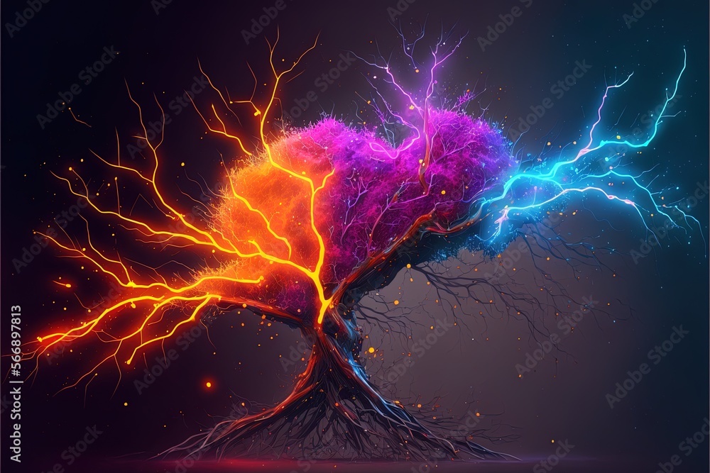 Neurons, synapses, bright colors, lightning bolts, stars, linkedin ...