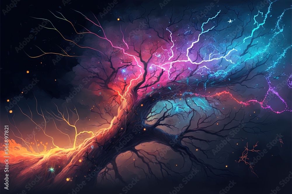 Neurons, synapses, bright colors, lightning bolts, stars, linkedin ...