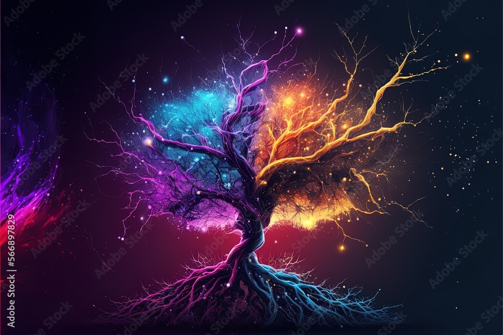 ภาพประกอบสต็อก Neurons, synapses, bright colors, lightning bolts, stars ...