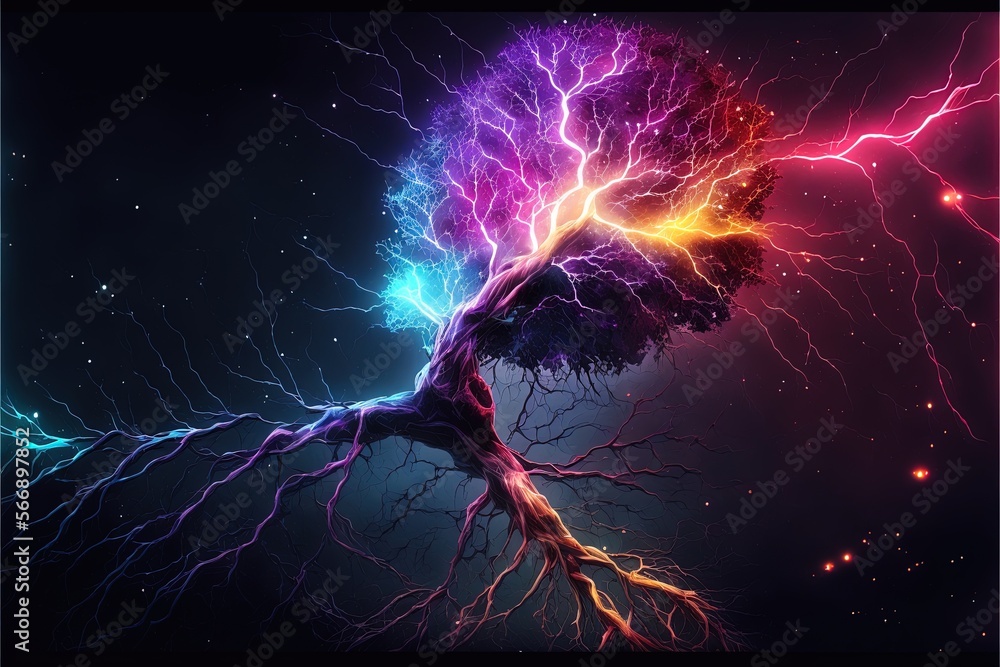 Neurons, synapses, bright colors, lightning bolts, stars, linkedin ...