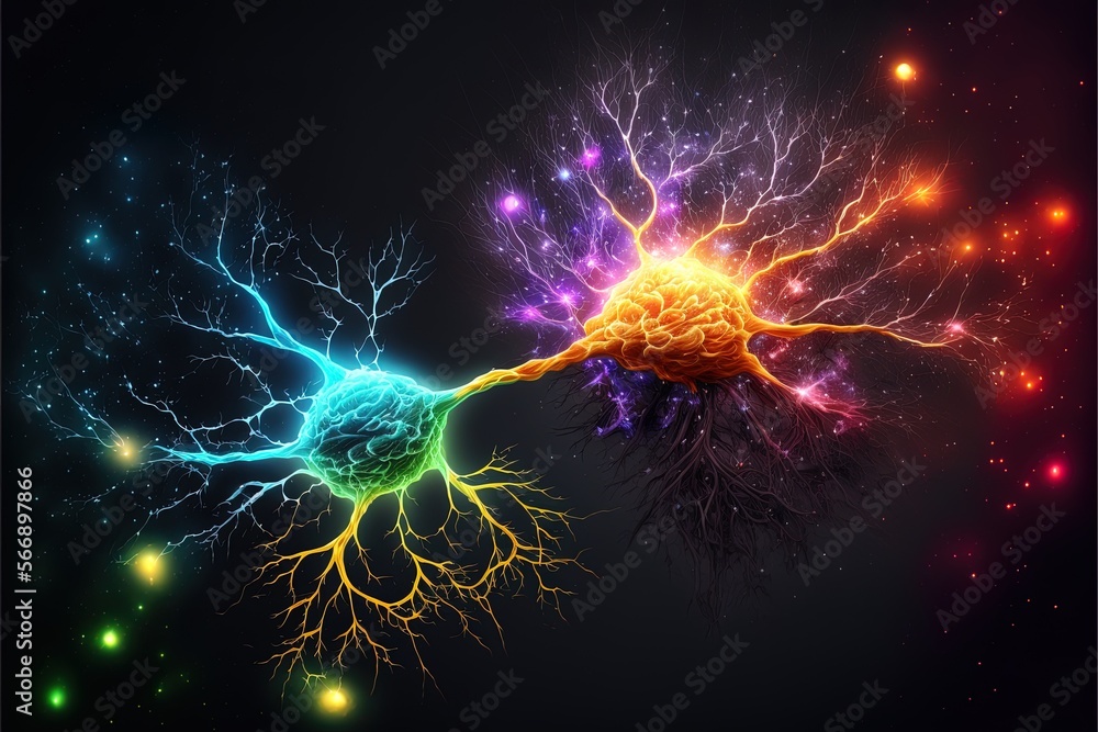 Neurons, synapses, bright colors, lightning bolts, stars, linkedin ...