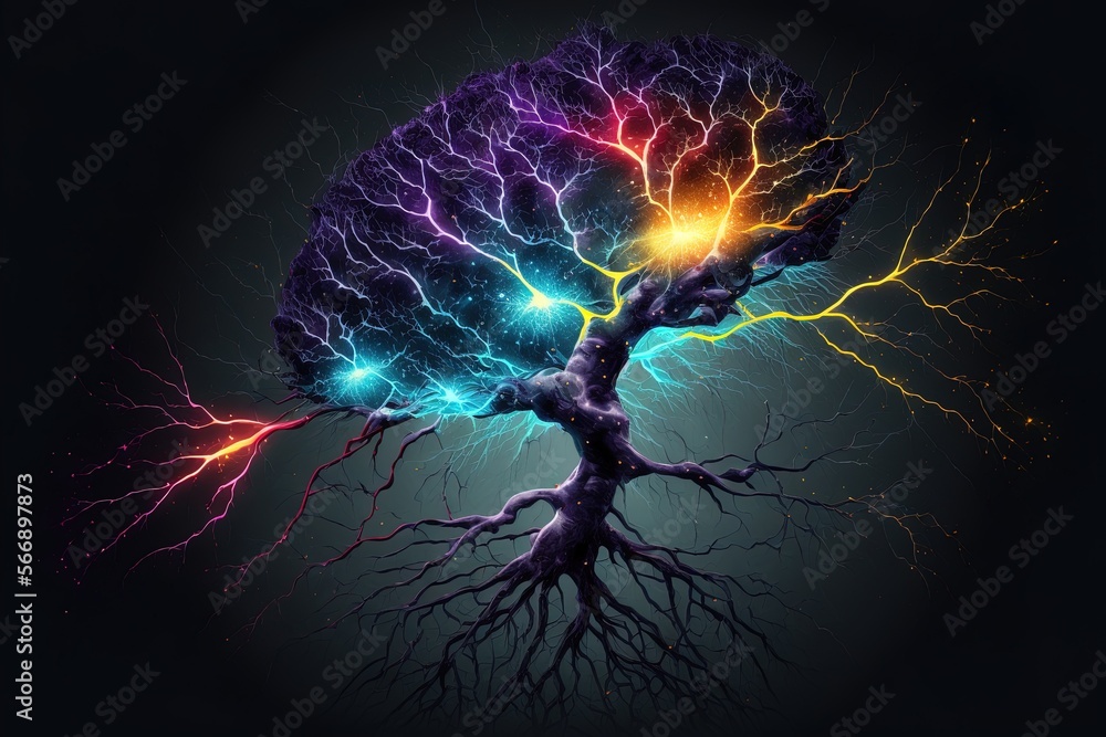 Neurons, synapses, bright colors, lightning bolts, stars, linkedin ...