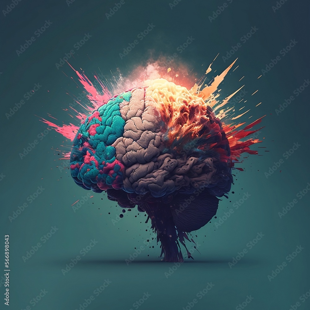 Concept art of a human brain exploding with knowledge and creativity ...