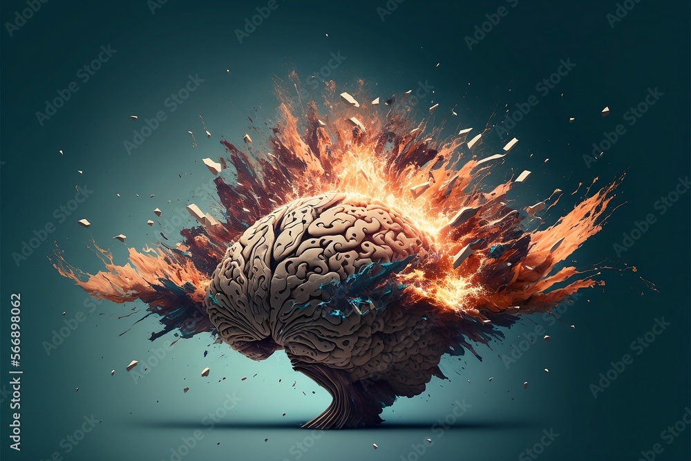 Concept art of a human brain exploding with knowledge and creativity ...