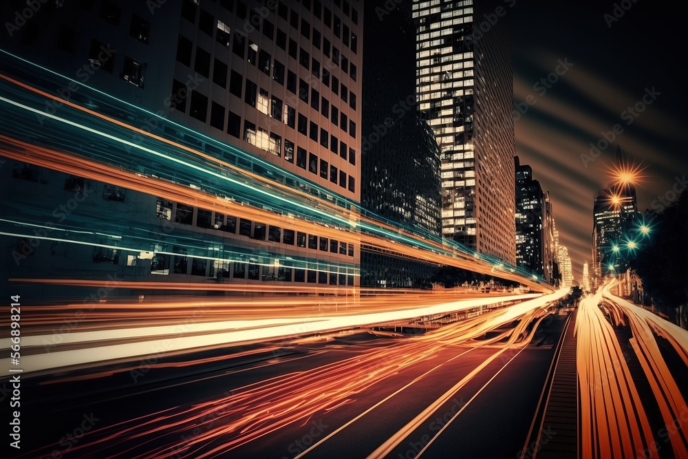 abstract speed of light, light trails background in dark night city ...