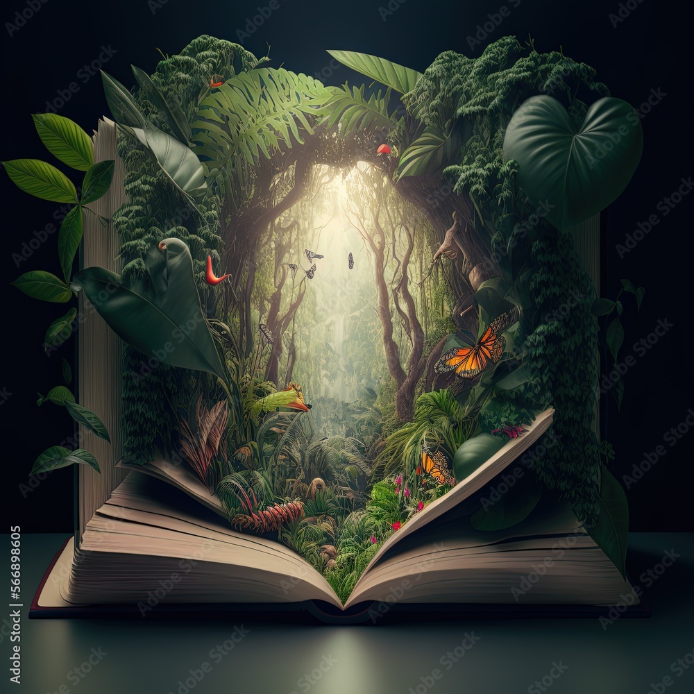 A tropical rainforest jungle with parrot, bird, monkey, wolf appearing ...