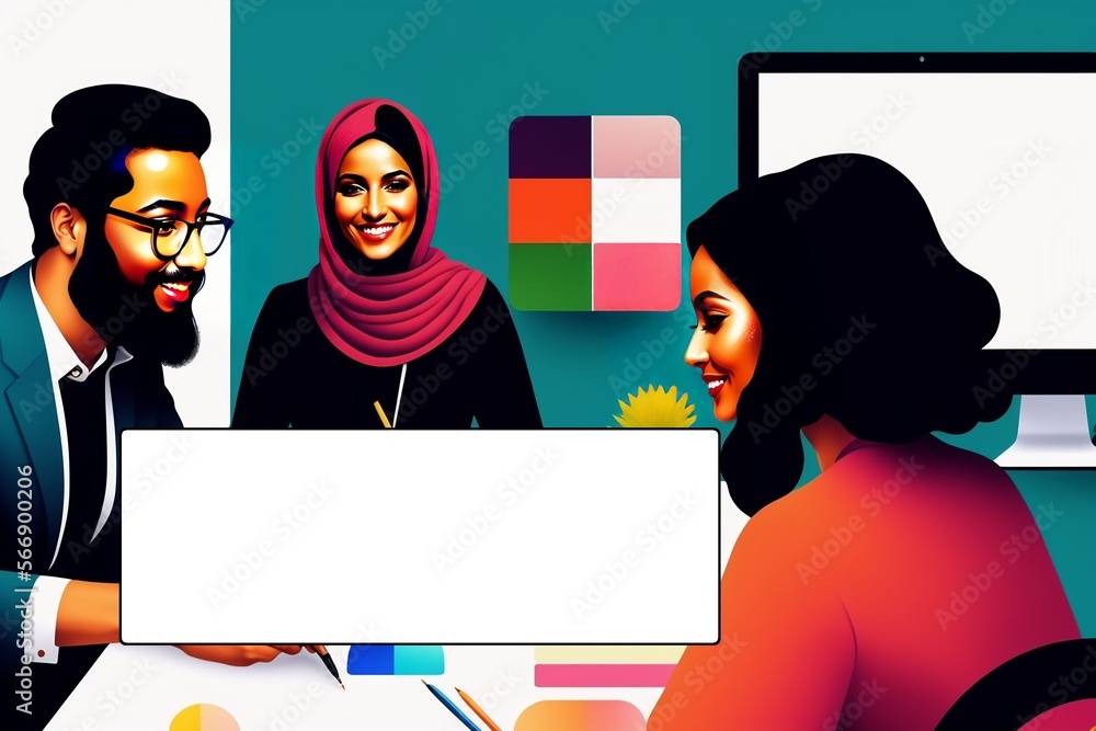 fictional illustration of a group of happy Moroccan enjoying working ...