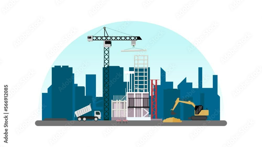 2d flat animation of construction building in city, 2d cartoon ...