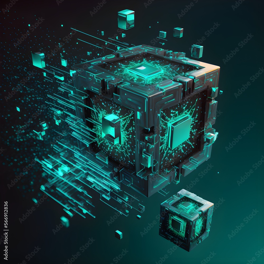 tiny granular electricity cube blocks floating flying through space at ...