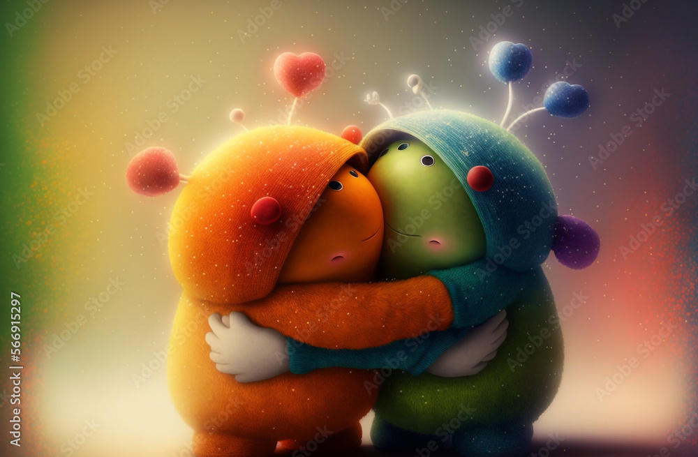 Two cute felt and rubber 3d render characters giving hugs to each ...