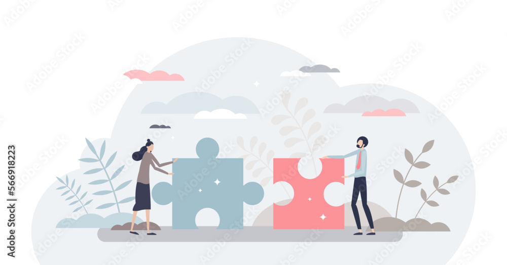 Business partners teamwork with two jigsaw puzzle pieces tiny person ...