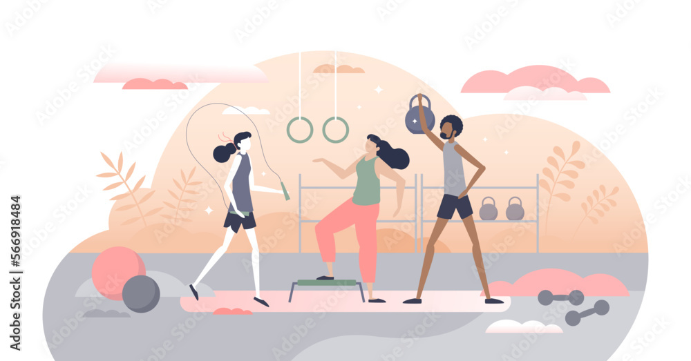 Gym fitness with fit workout activity and sport exercise tiny person ...