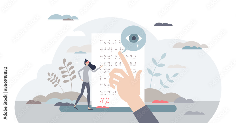 Reading Braille text as blind system with touching dots tiny person ...