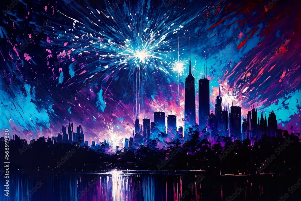 night club party fireworks over city near watter celebration dark ...