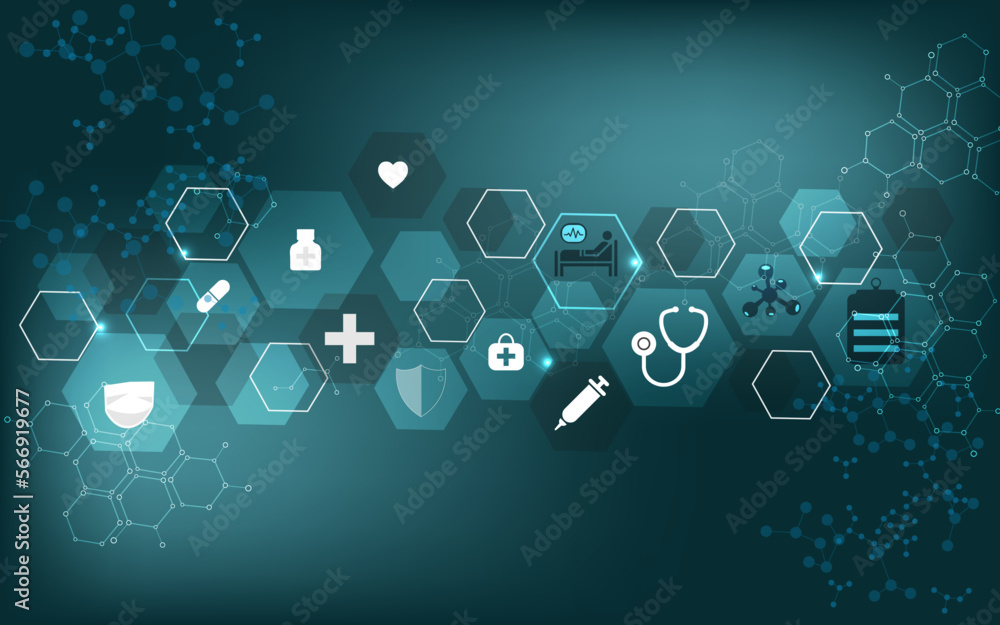 Abstract medical background with flat icons and symbols and molecules ...