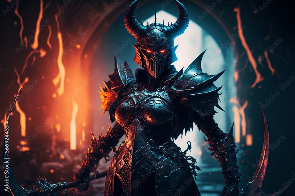 dark evil corrupt female knight with helmet and demonic weapon ...