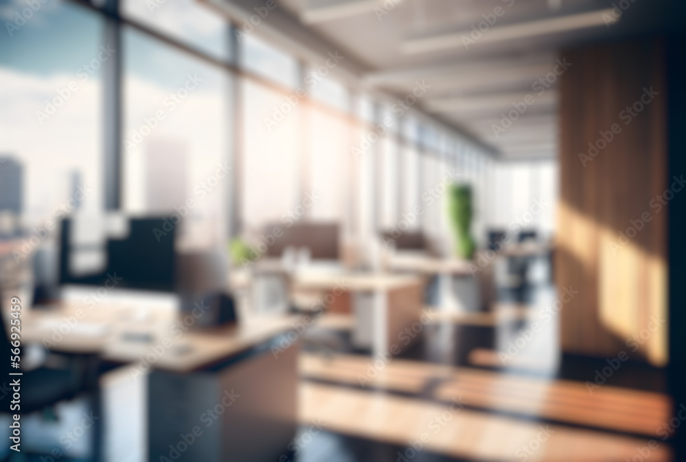 Blurred office workspace in the evening , interior workplace with cityscape for business ...