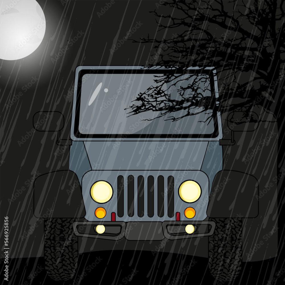 Cartoon style car with an open top in the night. Jeep convertible ...