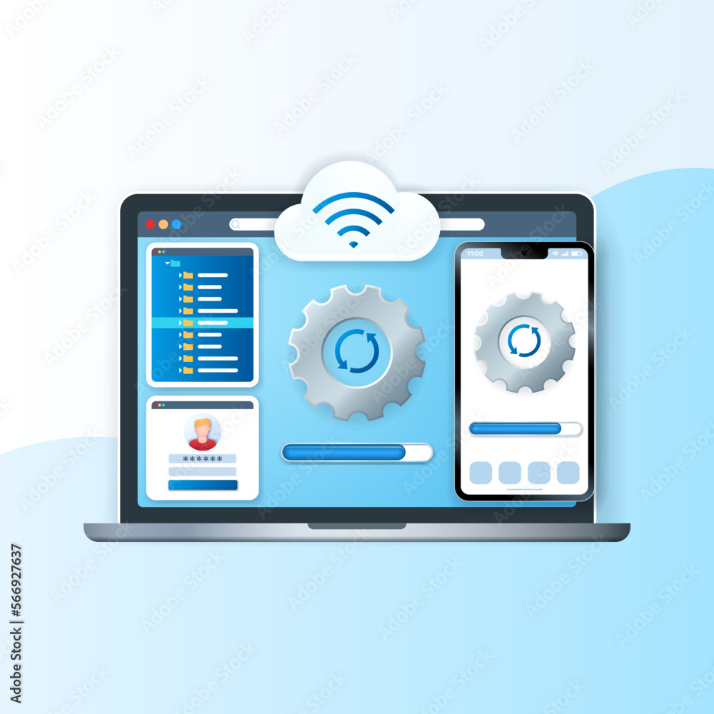 System update banner. Gears and load bar on laptop and smartphone. The ...