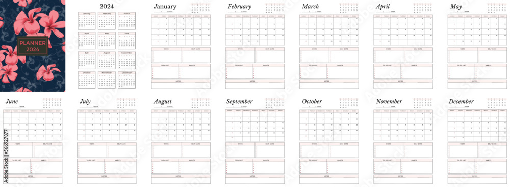 Pink Minimalist Monthly Calendar 2024 Planner Bundle and cover Stock ...
