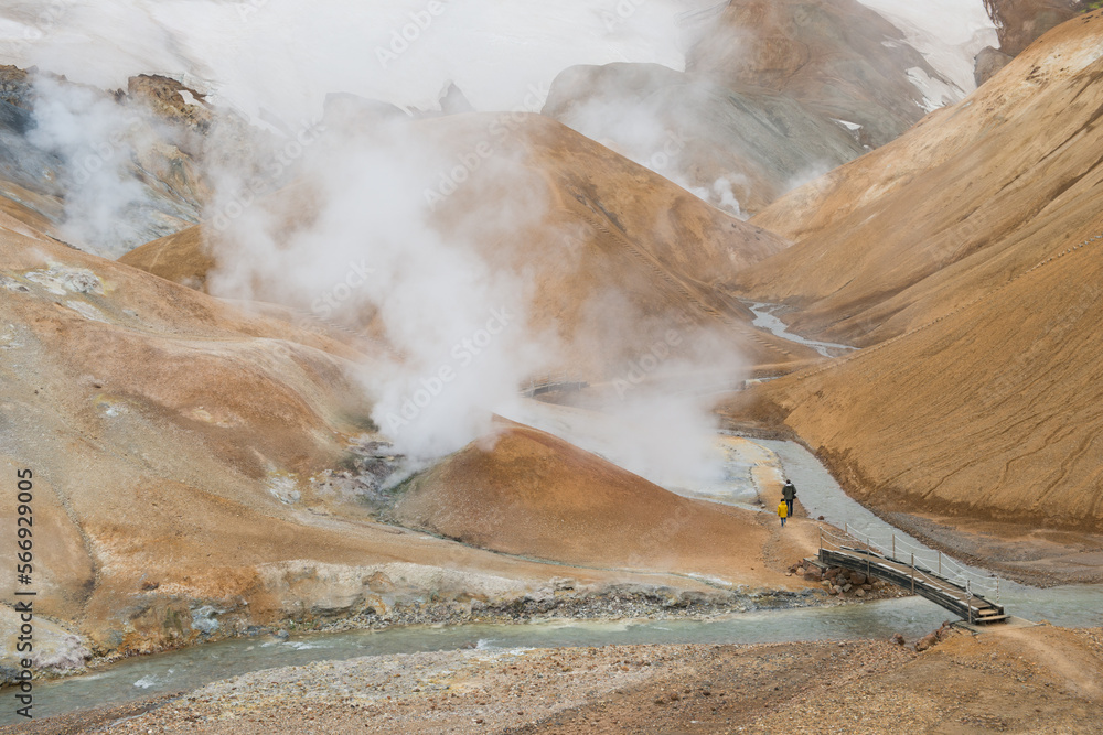 boiling and steaming volcanic geothermal landscape on highlands of ...
