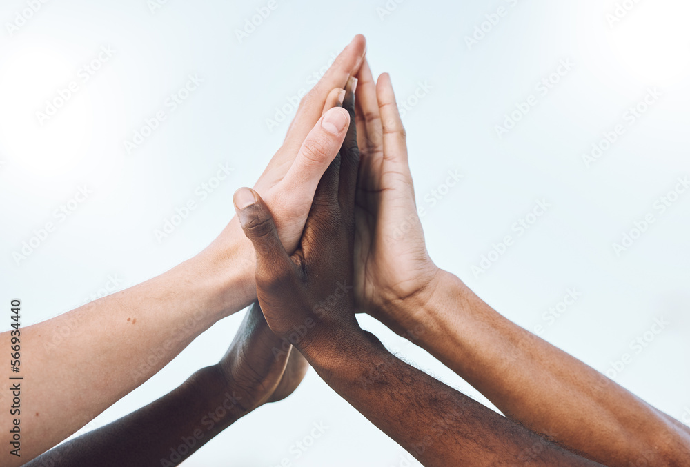 Sports, teamwork and hands high five for support, motivation and ...