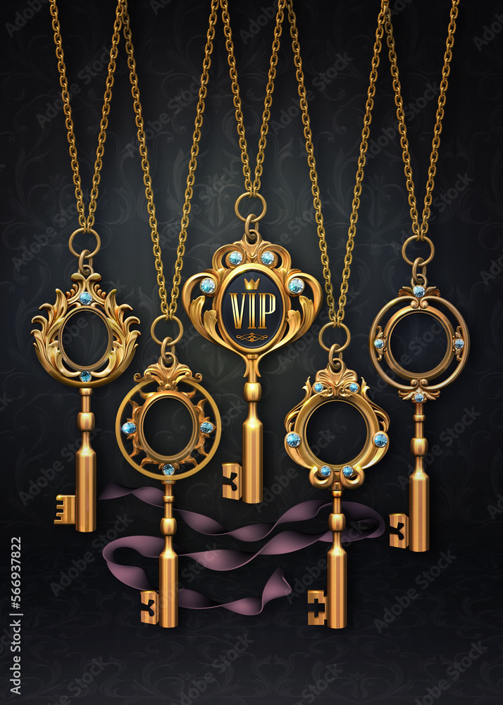 3D illustration of five golden skeleton keys with a vintage aesthetic ...