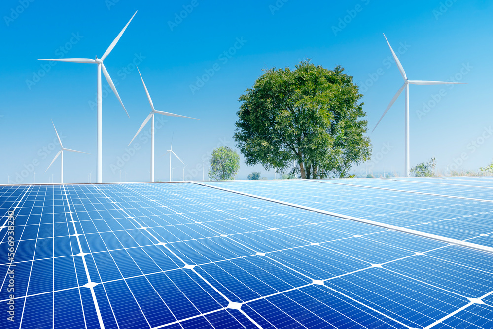 A wind turbine and a solar panel are renewable energy. Both ...