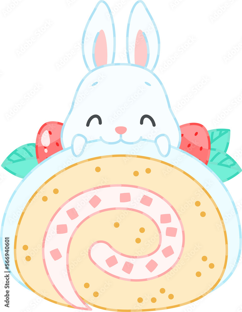 Cute bunny and a strawberry dessert. Flat cartoon illustration of a ...