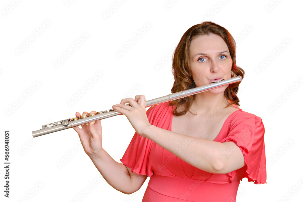 Portrait of a woman musician with a flute on a studio isolated white ...
