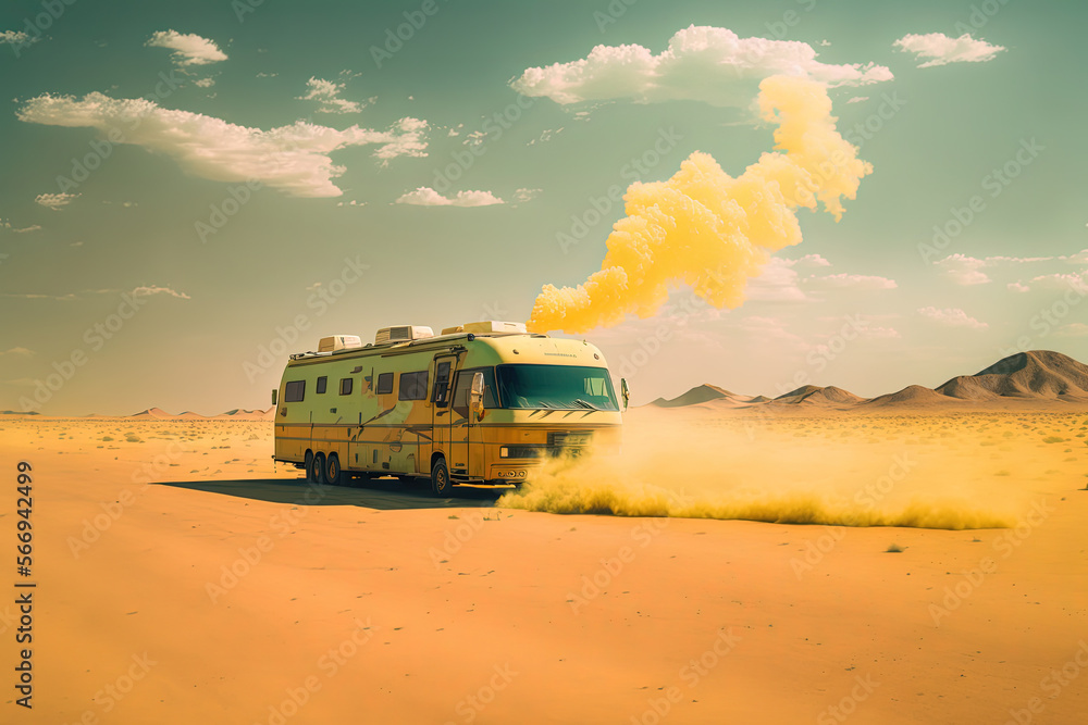 RV in the Desert. Yellow smoke pouring from the roof Stock Photo ...