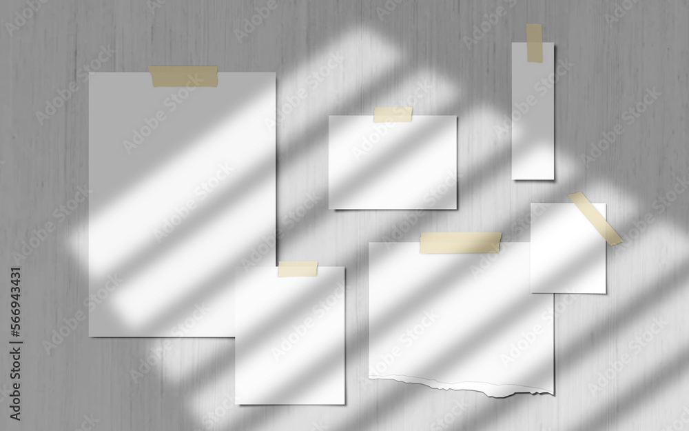 Set of different notes on sticky tape, pieces of torn paper, reminder ...