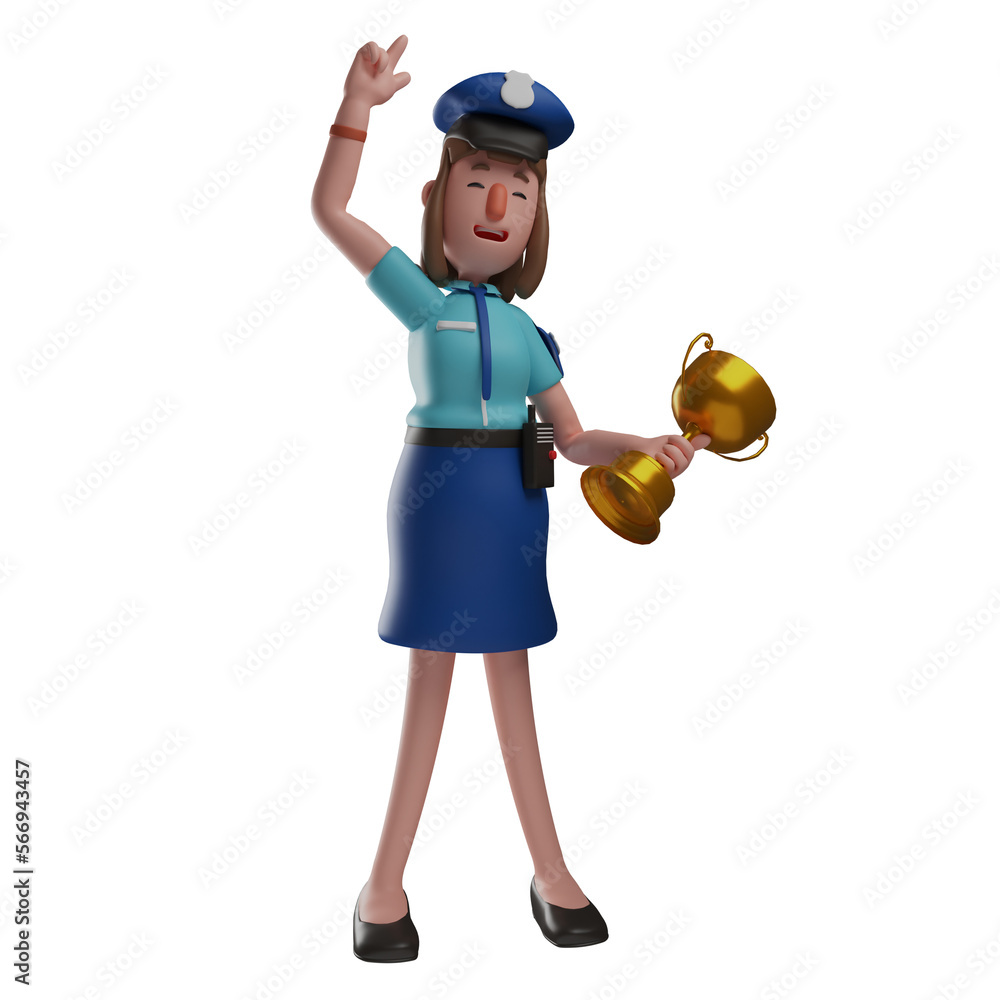 Stunning Police Woman 3D Cartoon Image holding a trophy with pride, 3D ...