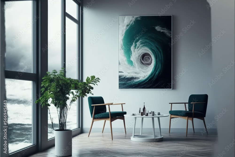 elegant interior design with hurricane image in mirror behind table and ...