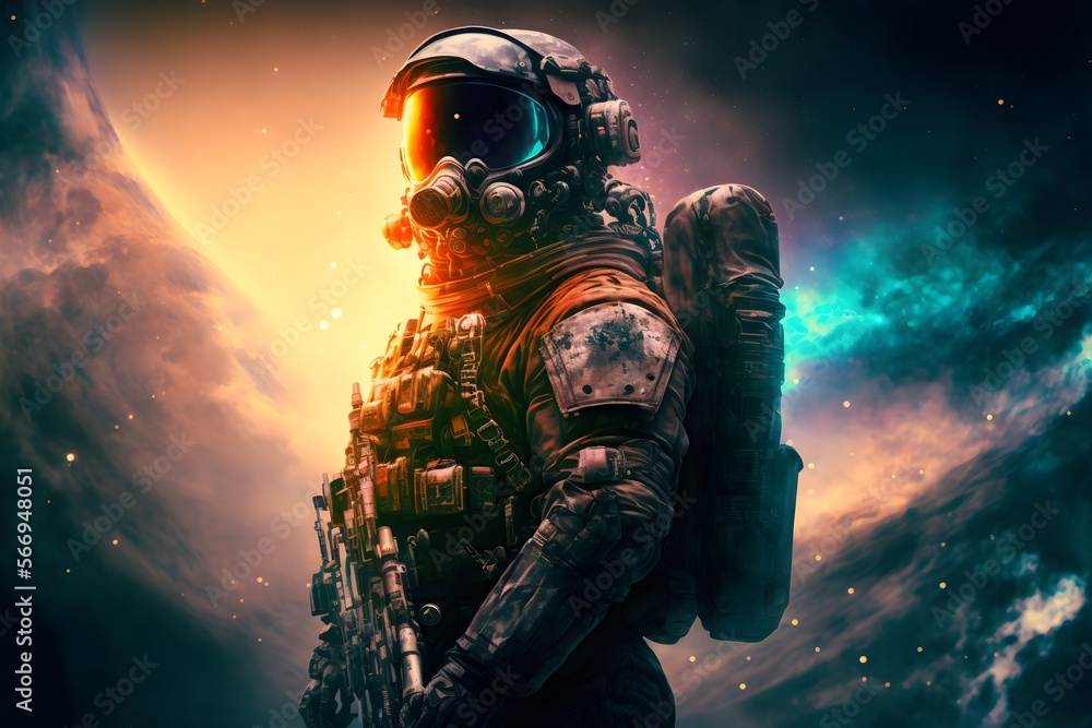 Elite soldier in space. Ready for attack. Background. Back view is ...