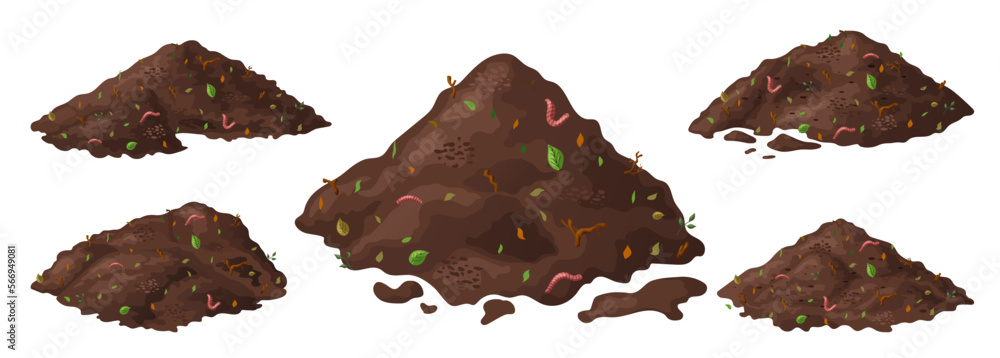 Set of Organic soil heap for compost, garden recycling natural garbage ...