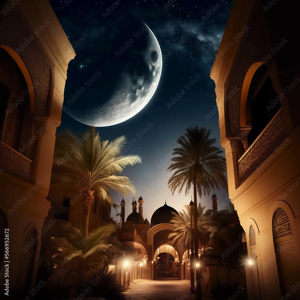 The crescent of the holy month of Ramadan at night, the concept of ...